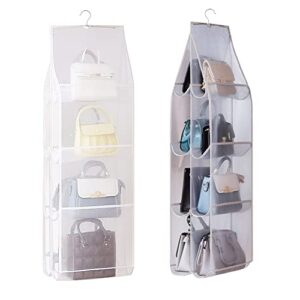 besuntek handbag hanging organizer, 2pcs 8 pocket clear nylon hanging purse organizer foldable dust proof storage holder bag cloth closet organizer for closet clear handbag organizer (8 pocket)