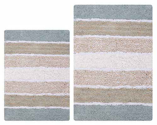 Bathroom Rugs Luxury Stripe Bath Rug Set 21x32-17x24 Spa Grey-Beige,2Piece Mat Set, Soft Plush Anti-Skid Shower Rug +Toilet Mat.Shaggy Carpet, Super Absorbent mats, Machine Washable Bath Mat,