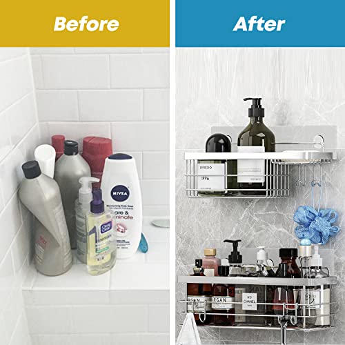 KESOL Shower Caddy and Soap Dish with Hooks Shower Shelf Shower Organizer, No Drilling Adhesive Wall Mounted Bathroom Shelf, Rustproof SUS304 Stainless Steel (2 Pack), Silver