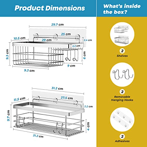 KESOL Shower Caddy and Soap Dish with Hooks Shower Shelf Shower Organizer, No Drilling Adhesive Wall Mounted Bathroom Shelf, Rustproof SUS304 Stainless Steel (2 Pack), Silver