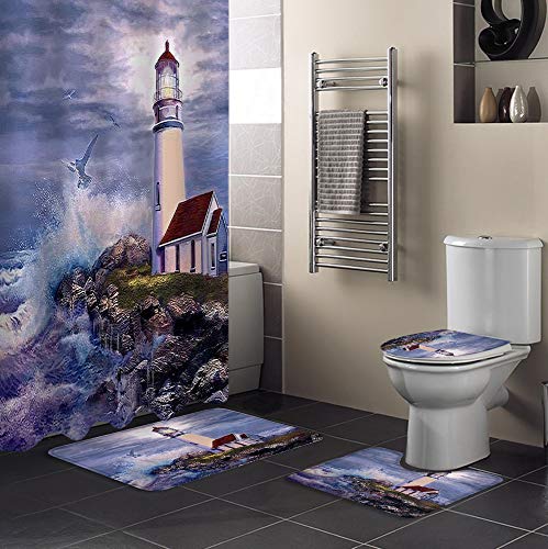 Singingin Shower Curtain Set with Bathroom Rugs and Mats Beautiful Landscape of Lighthouse Bathroom Rugs Set 4 Piece,Non-Slip Rugs,Toilet Lid Cover and Bath Mat,Waterproof Shower Curtain for Tub