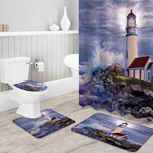 Singingin Shower Curtain Set with Bathroom Rugs and Mats Beautiful Landscape of Lighthouse Bathroom Rugs Set 4 Piece,Non-Slip Rugs,Toilet Lid Cover and Bath Mat,Waterproof Shower Curtain for Tub