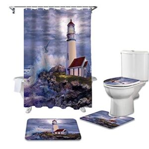 Singingin Shower Curtain Set with Bathroom Rugs and Mats Beautiful Landscape of Lighthouse Bathroom Rugs Set 4 Piece,Non-Slip Rugs,Toilet Lid Cover and Bath Mat,Waterproof Shower Curtain for Tub