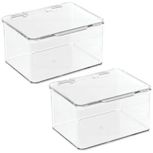 mDesign Plastic Bathroom Storage Organizer Box with Hinge Lid for Closet, Shelf, Cupboard, or Vanity, Hold Medicine, Soap, Lotion, Cotton Swabs, Masks, Styling Tools, 2 Pack, Clear