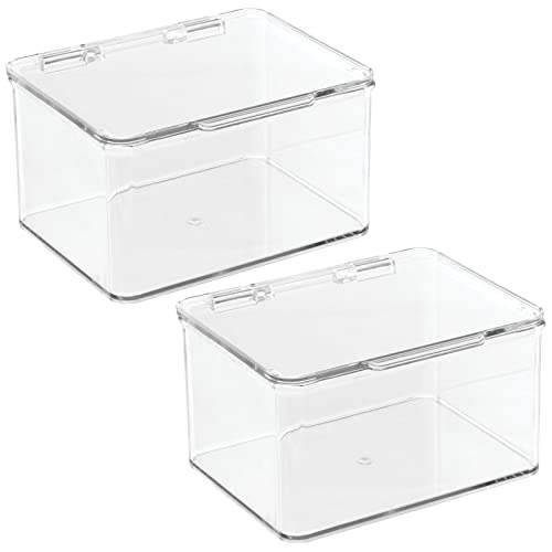 mDesign Plastic Bathroom Storage Organizer Box with Hinge Lid for Closet, Shelf, Cupboard, or Vanity, Hold Medicine, Soap, Lotion, Cotton Swabs, Masks, Styling Tools, 2 Pack, Clear