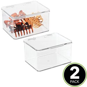 mDesign Plastic Bathroom Storage Organizer Box with Hinge Lid for Closet, Shelf, Cupboard, or Vanity, Hold Medicine, Soap, Lotion, Cotton Swabs, Masks, Styling Tools, 2 Pack, Clear