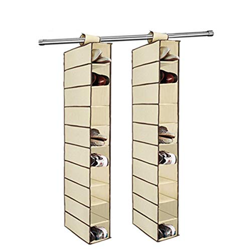 TSY TOOL 2 Pack 10 Shelves compartments Fabric Hanging Closet Shoe Storage Organizer, for Shoes, Handbags, Clutches , Accessories & Clothing , Hangs Over The Closet Rod , 6 x 12 x 47 inch