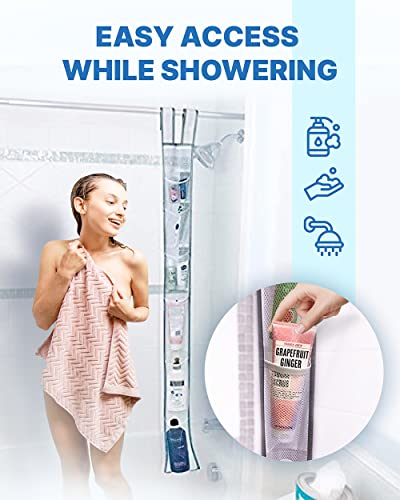 Skywin 1 Pack Shower Liner With Pockets, Hanging Mesh Shower Caddy – 57 x 6 Inches with 7 Pockets, 100% Polyester Mesh Fabric, Adjustable Velcro Strap or Hook, Pocket Shower Curtain