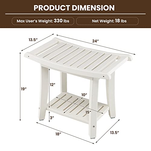 GOFLAME 2-Tier Shower Bench, Spa Bath Shower Stool with Curved Seat, 2 Easy-to-Grip Handles, Storage Shelf & Non-Slip Foot Pads, Waterproof Shower Chair for Bathroom, Living Room, Entryway, Off White