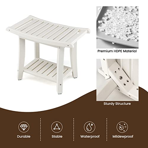 GOFLAME 2-Tier Shower Bench, Spa Bath Shower Stool with Curved Seat, 2 Easy-to-Grip Handles, Storage Shelf & Non-Slip Foot Pads, Waterproof Shower Chair for Bathroom, Living Room, Entryway, Off White