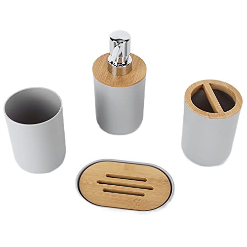 Garosa 4Pcs Bathroom Accessory Set Bamboo Waterproof Plastic Toothbrush Cup Lotion Dispenser Soap Box Tooth Mug for Home Hotel Gift (Grey)