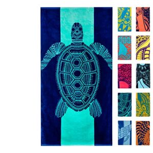 nova blue turtle beach towel – tropical blue colors with a unique design, extra large, xl (34”x 63”) made from 100% cotton for kids & adults