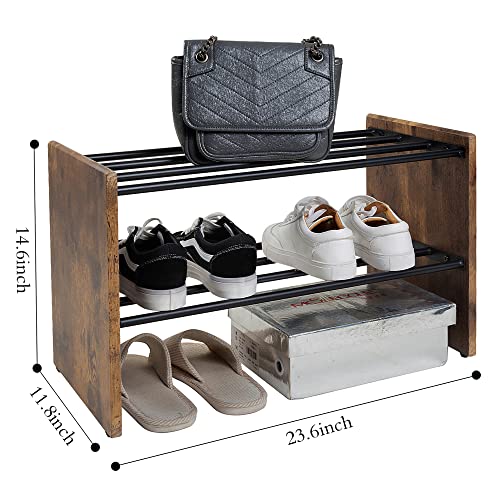 comax Industrial Shoe Rack for Entryway Closet, 2 Tier Small Shoes Rack Organizer Wooden Rustic Shoe Shelf with Metal Tube, Free Standing Two Tier Shoe Stand Sturdy Farmhouse Shoe Storage Rack 24 Inch