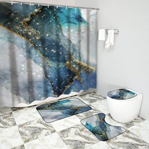 elepdfcd marble shower curtain set, bathroom accessories sets,4 piece abstract bath decor with rugs complete set, non-slip and waterproof with 12 hooks, blue, glod, green