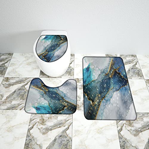 elepdfcd Marble Shower Curtain Set, Bathroom Accessories Sets,4 Piece Abstract Bath Decor with Rugs Complete Set, Non-Slip and Waterproof with 12 Hooks, Blue, Glod, Green