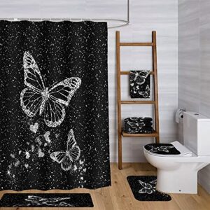 gureter 7 piece butterfly bathroom sets with 71x72 inches black and silver shower curtain and rug and u-shaped bath mat and toilet lid cover and towels and 12 hooks, set7mlgu3