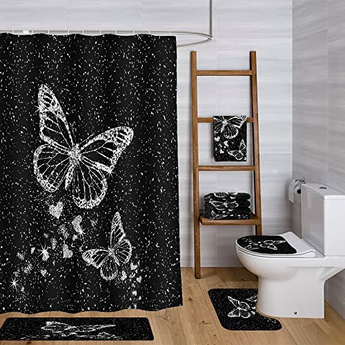 GURETER 7 Piece Butterfly Bathroom Sets with 71x72 Inches Black and Silver Shower Curtain and Rug and U-Shaped Bath Mat and Toilet Lid Cover and Towels and 12 Hooks, SET7MLGU3