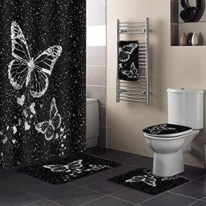 GURETER 7 Piece Butterfly Bathroom Sets with 71x72 Inches Black and Silver Shower Curtain and Rug and U-Shaped Bath Mat and Toilet Lid Cover and Towels and 12 Hooks, SET7MLGU3