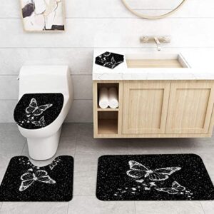 GURETER 7 Piece Butterfly Bathroom Sets with 71x72 Inches Black and Silver Shower Curtain and Rug and U-Shaped Bath Mat and Toilet Lid Cover and Towels and 12 Hooks, SET7MLGU3