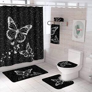 GURETER 7 Piece Butterfly Bathroom Sets with 71x72 Inches Black and Silver Shower Curtain and Rug and U-Shaped Bath Mat and Toilet Lid Cover and Towels and 12 Hooks, SET7MLGU3