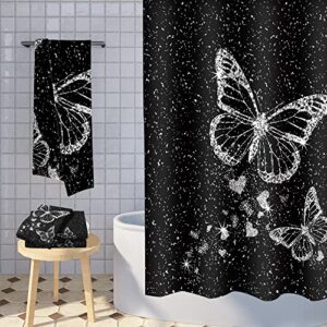 GURETER 7 Piece Butterfly Bathroom Sets with 71x72 Inches Black and Silver Shower Curtain and Rug and U-Shaped Bath Mat and Toilet Lid Cover and Towels and 12 Hooks, SET7MLGU3