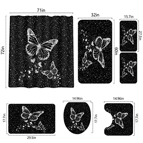 GURETER 7 Piece Butterfly Bathroom Sets with 71x72 Inches Black and Silver Shower Curtain and Rug and U-Shaped Bath Mat and Toilet Lid Cover and Towels and 12 Hooks, SET7MLGU3