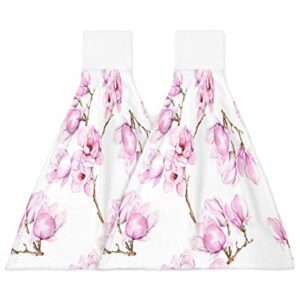 2 PCS Kitchen Hand Towels, Pink Blooming Floral Cluster Petals Branches Soft Plush Hanging Tie Towels with Loop for Kitchen Bathroom Dish Cloth Tea Bar Towel Oil Painting Orchid