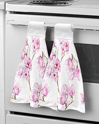 2 PCS Kitchen Hand Towels, Pink Blooming Floral Cluster Petals Branches Soft Plush Hanging Tie Towels with Loop for Kitchen Bathroom Dish Cloth Tea Bar Towel Oil Painting Orchid