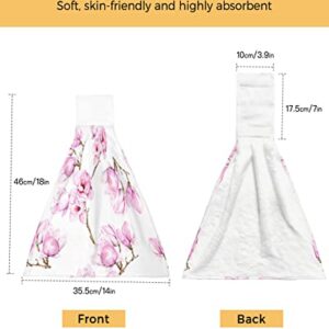 2 PCS Kitchen Hand Towels, Pink Blooming Floral Cluster Petals Branches Soft Plush Hanging Tie Towels with Loop for Kitchen Bathroom Dish Cloth Tea Bar Towel Oil Painting Orchid