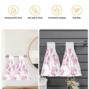 2 PCS Kitchen Hand Towels, Pink Blooming Floral Cluster Petals Branches Soft Plush Hanging Tie Towels with Loop for Kitchen Bathroom Dish Cloth Tea Bar Towel Oil Painting Orchid