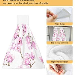 2 PCS Kitchen Hand Towels, Pink Blooming Floral Cluster Petals Branches Soft Plush Hanging Tie Towels with Loop for Kitchen Bathroom Dish Cloth Tea Bar Towel Oil Painting Orchid