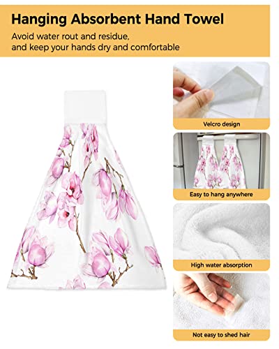 2 PCS Kitchen Hand Towels, Pink Blooming Floral Cluster Petals Branches Soft Plush Hanging Tie Towels with Loop for Kitchen Bathroom Dish Cloth Tea Bar Towel Oil Painting Orchid