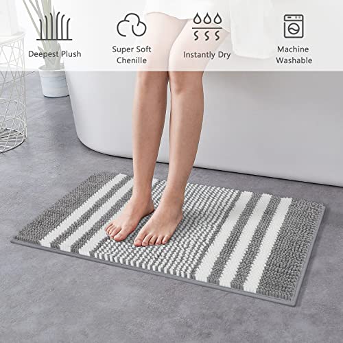 Tindbea Bathroom Rugs Set 2 Piece, Extra Soft and Absorbent Fluffy Striped Chenille Bath Mat Rug Set, Non Slip Bathroom Floor Mat, Machine Washable (20" x 32" Plus 16" x 24", Gray)