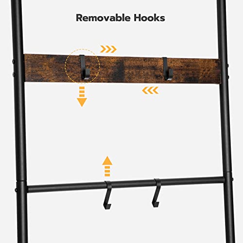 HOOBRO Blanket Ladder, 5-Tier Ladder Shelf, Wall-Leaning Rack, Decorative Ladder with 4 Removable Hooks, for Bathroom, Metal Frame, Rustic Brown BF61CJ01