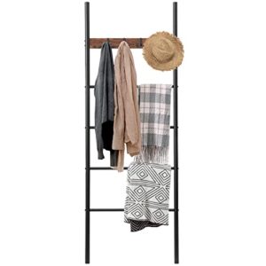 HOOBRO Blanket Ladder, 5-Tier Ladder Shelf, Wall-Leaning Rack, Decorative Ladder with 4 Removable Hooks, for Bathroom, Metal Frame, Rustic Brown BF61CJ01