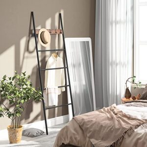 HOOBRO Blanket Ladder, 5-Tier Ladder Shelf, Wall-Leaning Rack, Decorative Ladder with 4 Removable Hooks, for Bathroom, Metal Frame, Rustic Brown BF61CJ01