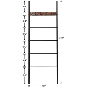 HOOBRO Blanket Ladder, 5-Tier Ladder Shelf, Wall-Leaning Rack, Decorative Ladder with 4 Removable Hooks, for Bathroom, Metal Frame, Rustic Brown BF61CJ01