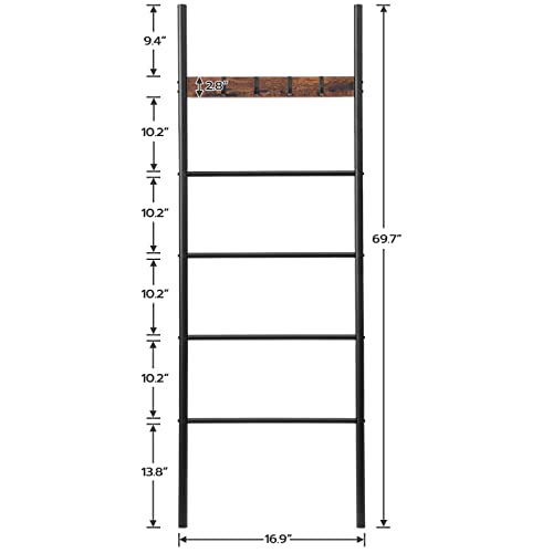 HOOBRO Blanket Ladder, 5-Tier Ladder Shelf, Wall-Leaning Rack, Decorative Ladder with 4 Removable Hooks, for Bathroom, Metal Frame, Rustic Brown BF61CJ01