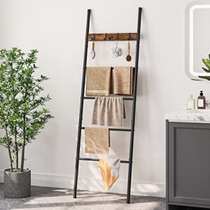 HOOBRO Blanket Ladder, 5-Tier Ladder Shelf, Wall-Leaning Rack, Decorative Ladder with 4 Removable Hooks, for Bathroom, Metal Frame, Rustic Brown BF61CJ01