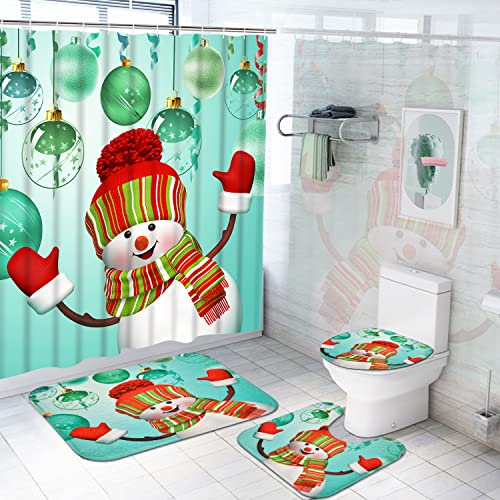 Likiyol 4 Pcs Merry Christmas Shower Curtain Sets with Non-Slip Rugs, Toilet Lid Cover and Bath Mat, Cartoon Snowman Shower Curtain with 12 Hooks, Green Balloon Ribbon Bathroom Curtain, Waterproof