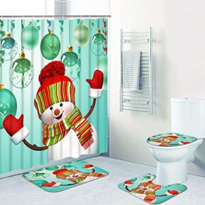 Likiyol 4 Pcs Merry Christmas Shower Curtain Sets with Non-Slip Rugs, Toilet Lid Cover and Bath Mat, Cartoon Snowman Shower Curtain with 12 Hooks, Green Balloon Ribbon Bathroom Curtain, Waterproof