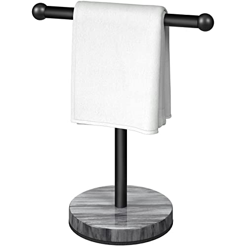 Hand Towel Holder Stand, Pynsseu Counter Freestanding Towel Rack with Marble Base, SUS304 Stainless Steel T-Shape Face Towels Standing for Bathroom Kitchen Vanity Countertop (Matte Black)