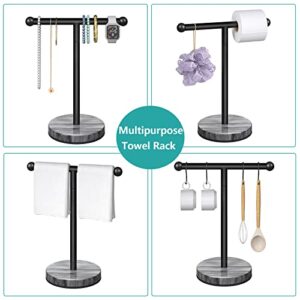 Hand Towel Holder Stand, Pynsseu Counter Freestanding Towel Rack with Marble Base, SUS304 Stainless Steel T-Shape Face Towels Standing for Bathroom Kitchen Vanity Countertop (Matte Black)