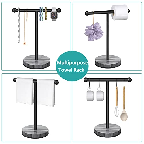 Hand Towel Holder Stand, Pynsseu Counter Freestanding Towel Rack with Marble Base, SUS304 Stainless Steel T-Shape Face Towels Standing for Bathroom Kitchen Vanity Countertop (Matte Black)