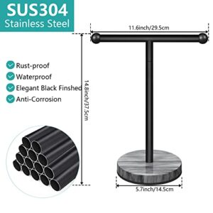 Hand Towel Holder Stand, Pynsseu Counter Freestanding Towel Rack with Marble Base, SUS304 Stainless Steel T-Shape Face Towels Standing for Bathroom Kitchen Vanity Countertop (Matte Black)