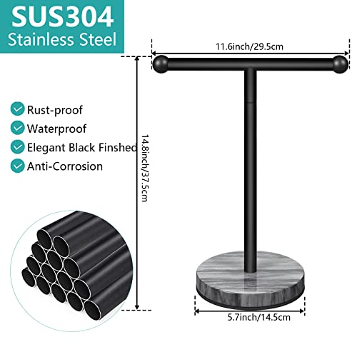 Hand Towel Holder Stand, Pynsseu Counter Freestanding Towel Rack with Marble Base, SUS304 Stainless Steel T-Shape Face Towels Standing for Bathroom Kitchen Vanity Countertop (Matte Black)