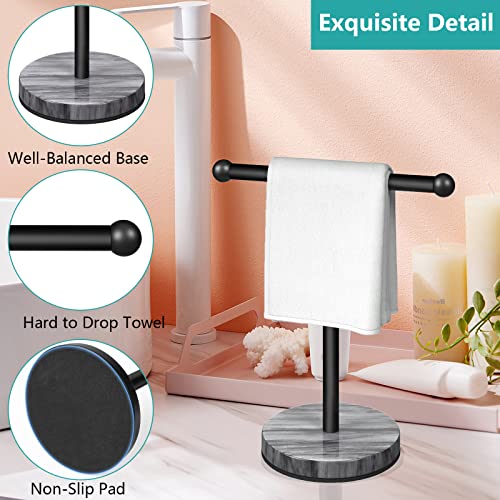 Hand Towel Holder Stand, Pynsseu Counter Freestanding Towel Rack with Marble Base, SUS304 Stainless Steel T-Shape Face Towels Standing for Bathroom Kitchen Vanity Countertop (Matte Black)