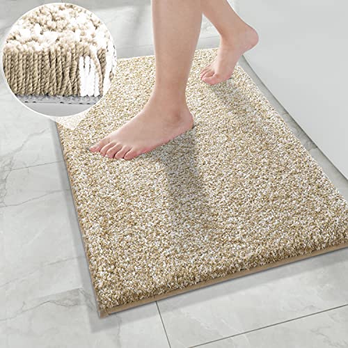 Yimobra Bathroom Rugs, Extra Soft Comfortable Bath Rugs, Non-Slip, Water Absorbent and Thick Bathroom Floor Mat, Machine Washine, Shaggy Rugs for Shower Bathtubs, 24"x17", Beige