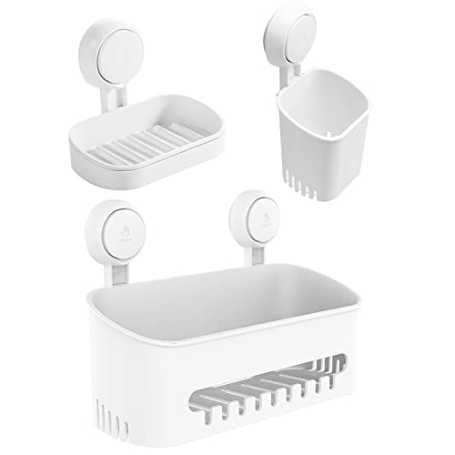 4OURVAN Shower Caddy Toothbrush Holder Soap Holder Suction Cup Set | Shelf Shower Basket Wall Mounted Shower Holder Organizer | Waterproof Bathroom Caddy Organizer | No-Drill Removable | 3 Piece White