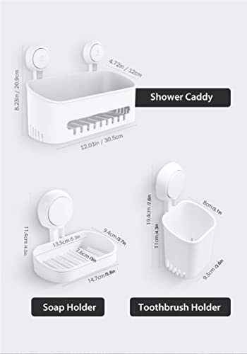 4OURVAN Shower Caddy Toothbrush Holder Soap Holder Suction Cup Set | Shelf Shower Basket Wall Mounted Shower Holder Organizer | Waterproof Bathroom Caddy Organizer | No-Drill Removable | 3 Piece White